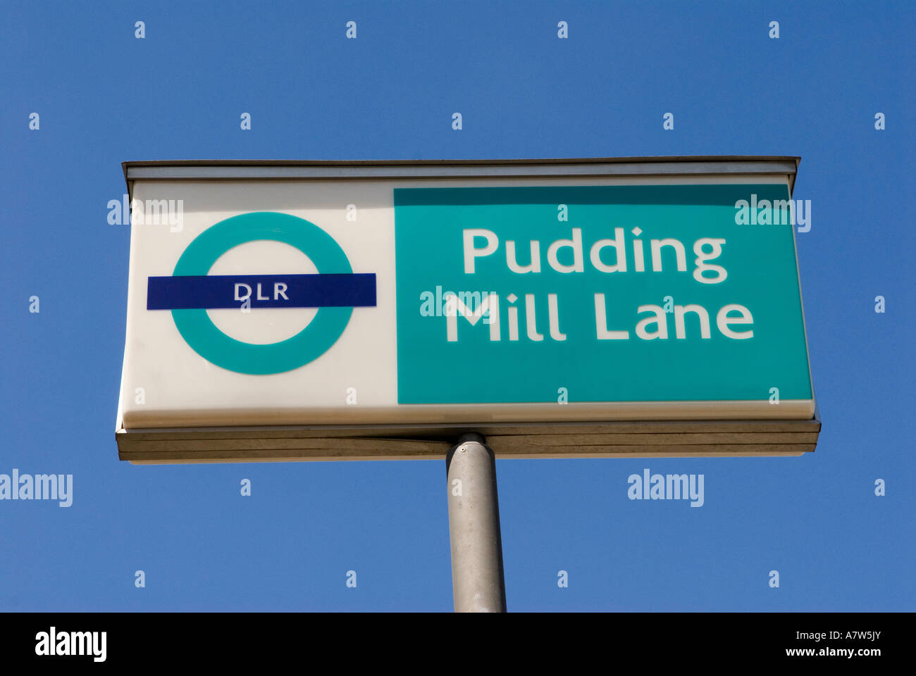Pudding Mill Lane, DLR Docklands Light Railway train station sign. East ...