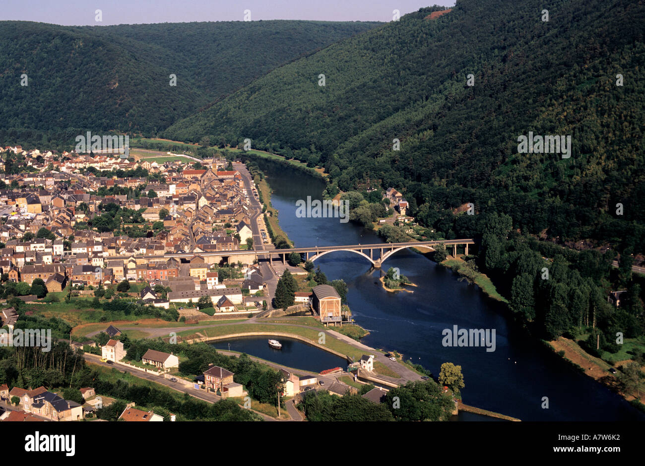 France, Ardennes, Revin village, the Ardennaise forest and the Meuse ...