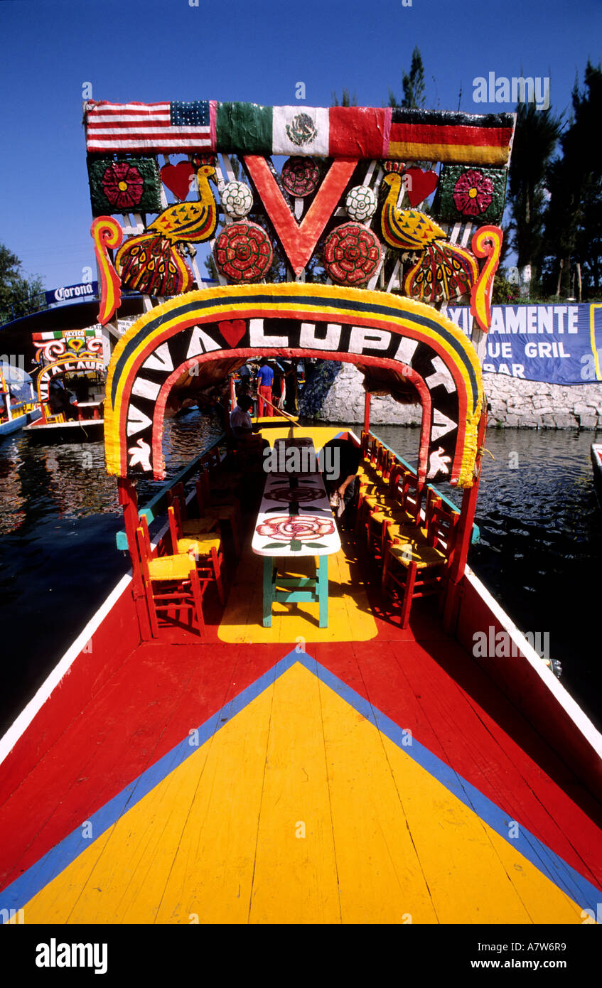 Mexico, Federal District, Mexico City, colored rowboat of Xochimilco ...