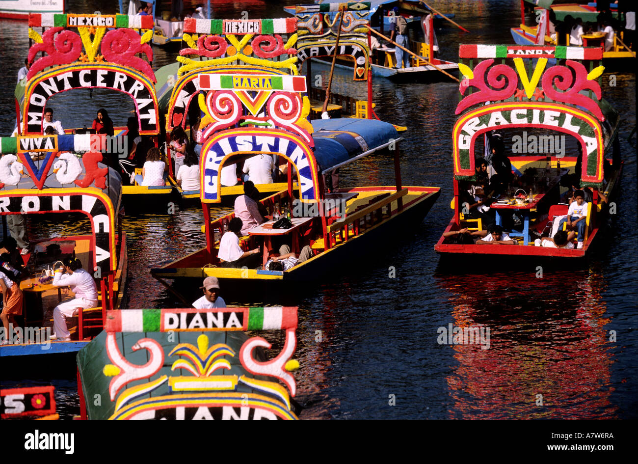 Mexico, Federal District, Mexico City, coloured rowboats of Xochimilco ...