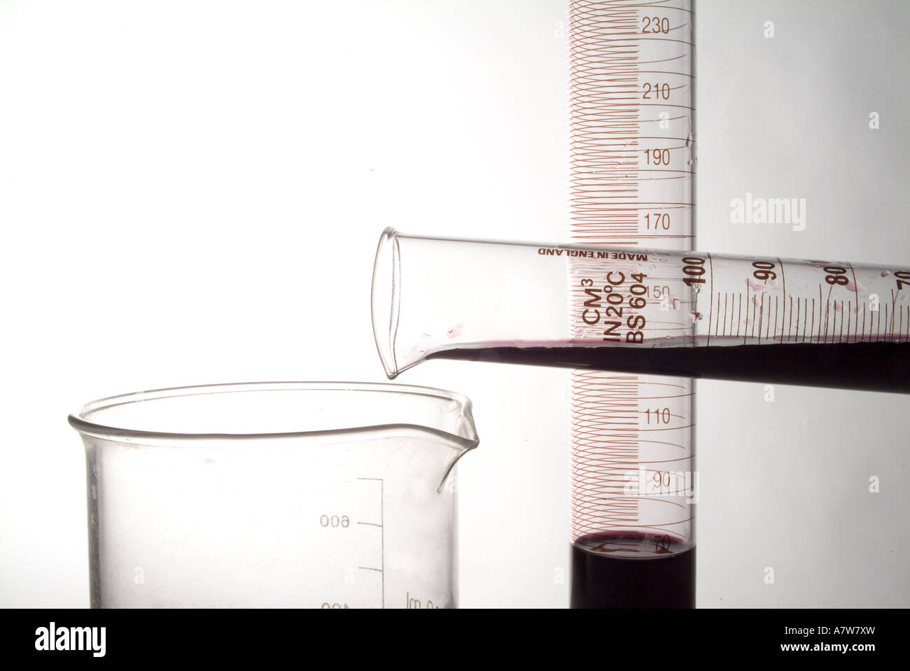 A glass beaker with two glass measuring columns containg dark liquids ...
