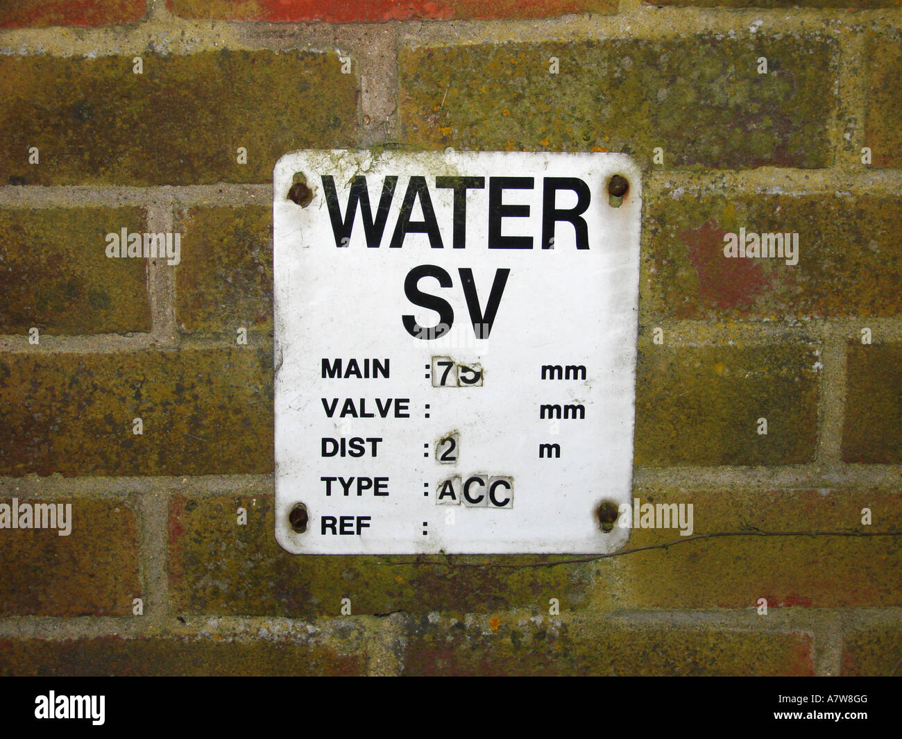 Water 'Sluice-Valve' sign on brick wall april 2007 Stock Photo - Alamy