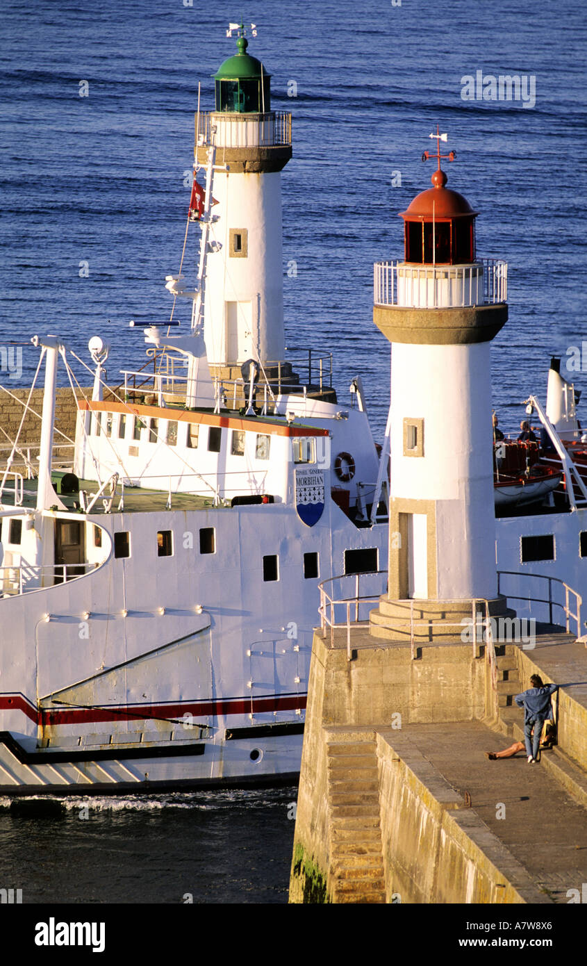 France, Morbihan, Belle Ile, lighthouses at the harbour's entry Stock ...