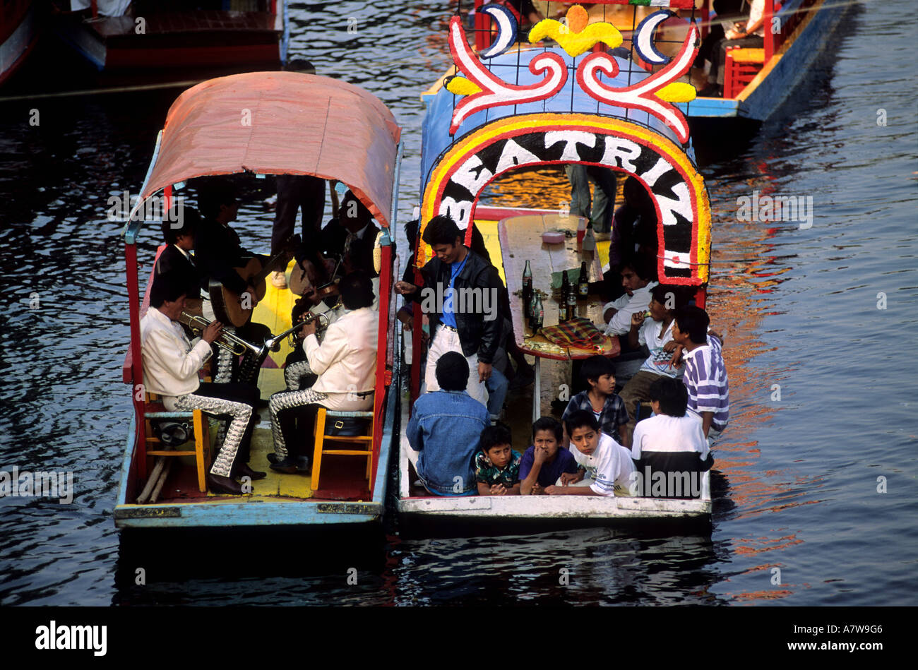 Mexico, Federal District, Mexico City, coloured rowboats of Xochimilco ...