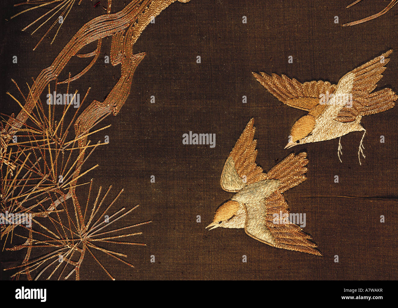 fine arts, Japan, textiles, flying sparrows, relief embroidery, circa ...