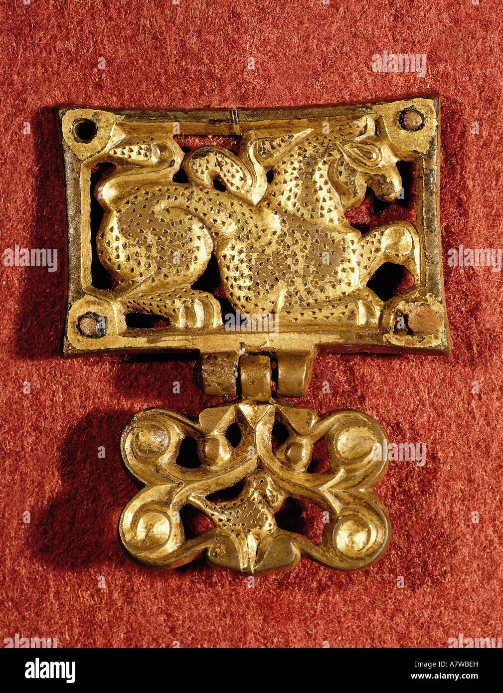 fine arts, Eurasian Avars, rectangular dress plate of a belt, cowering ...