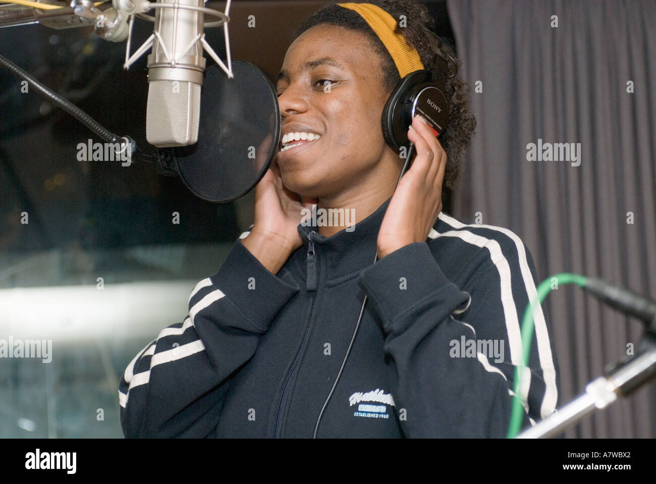 Woman Singing Into Music Recording Studio Mic Microphone Stock Photo ...