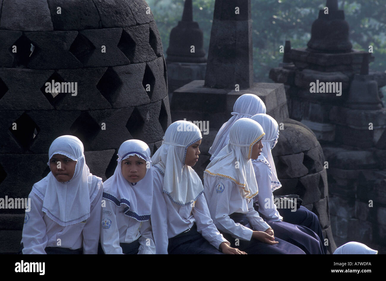 Muslim girls visiting Borobudur temple Stock Photo - Alamy