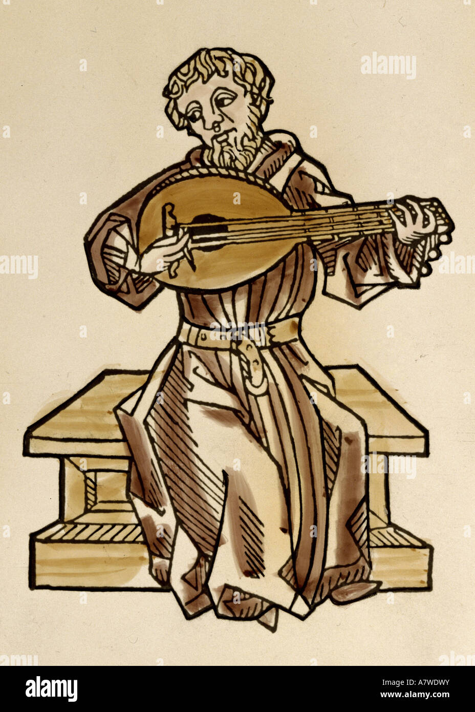 music, musicians, lute player, coloured woodcut, "Schwester Demut Stock ...