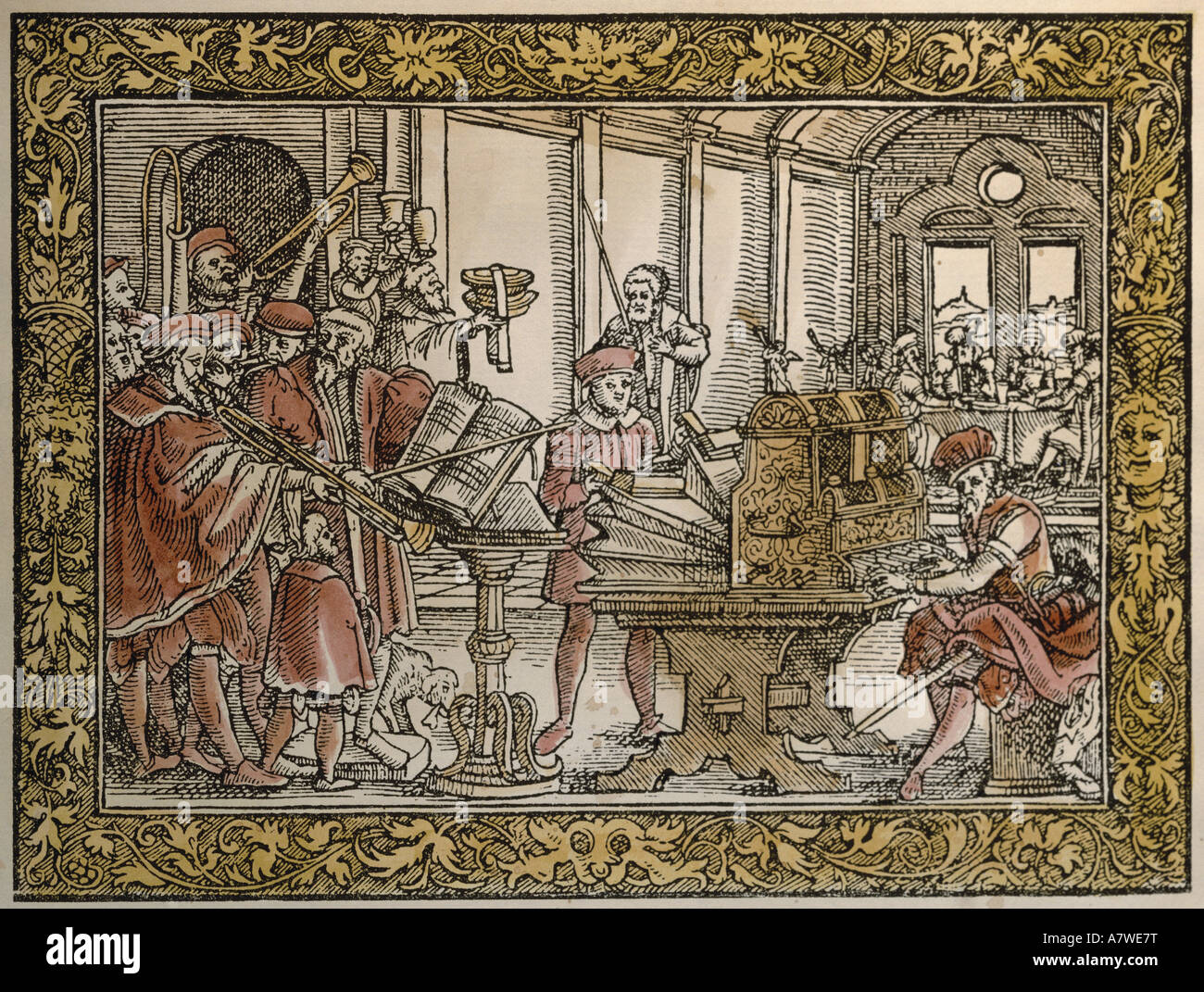 music, musicians, musical entertainment, coloured woodcut, "Orgel und ...