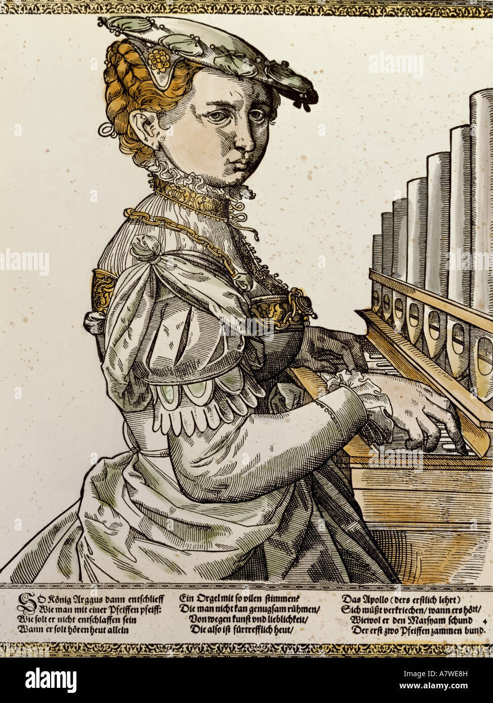 music, musicians, organ player, coloured woodcut by Tobias Stimmer ...