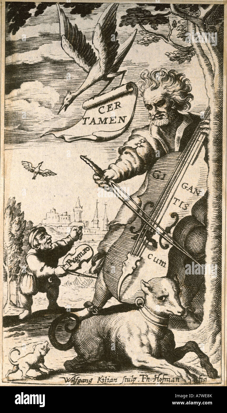 music, satire, competition betwen an giant and a dwarf, engraving by ...