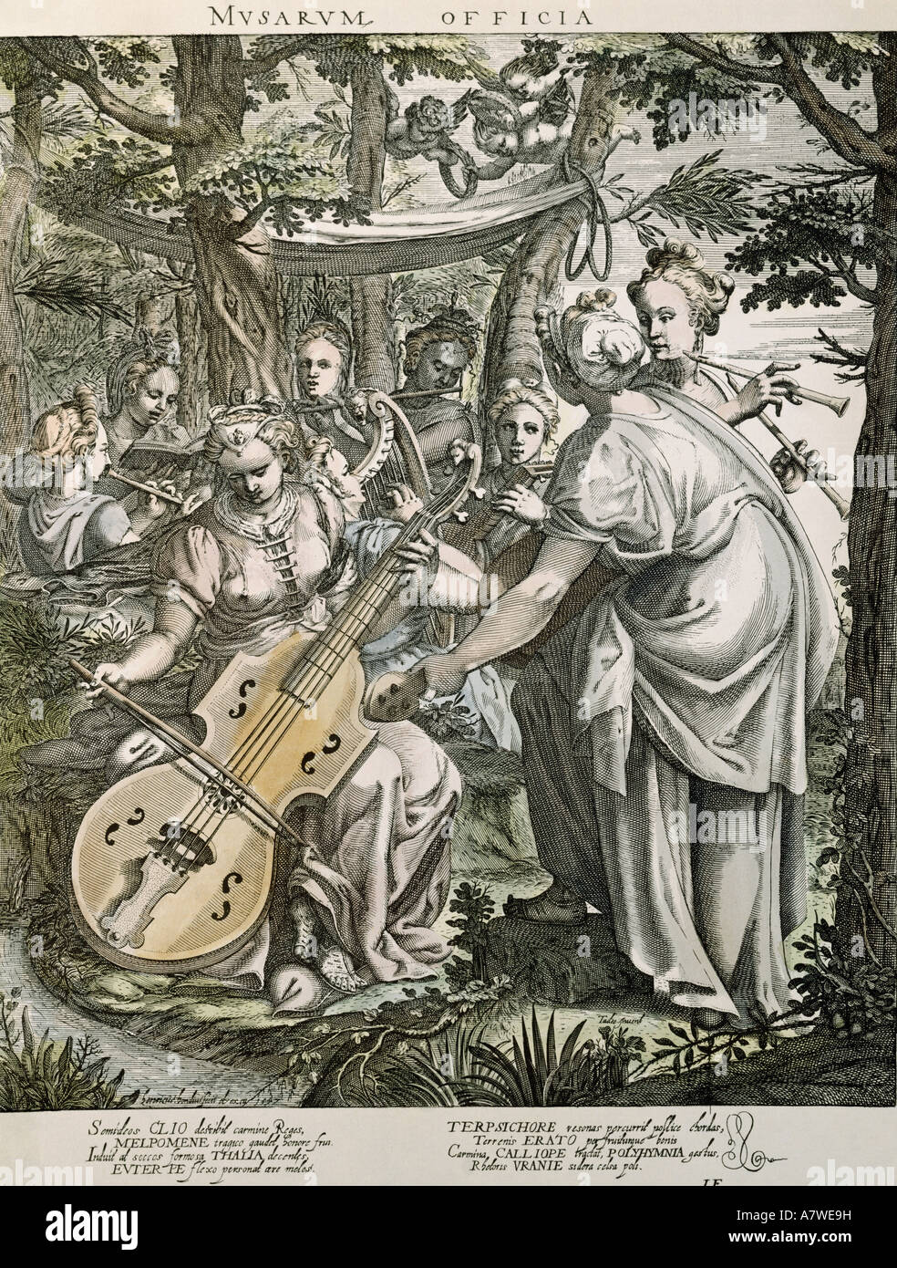 music, concert of the Muses, coloured engraving by H. Hondius the Elder ...