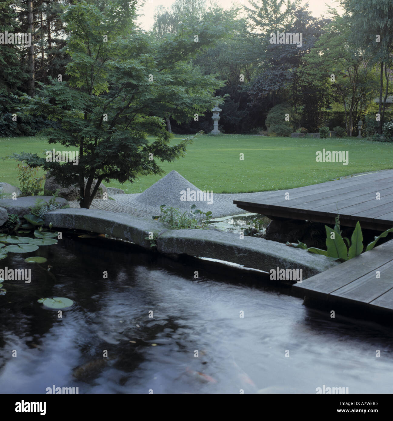Small tree beside garden pools and decked terrace in large Japanese ...