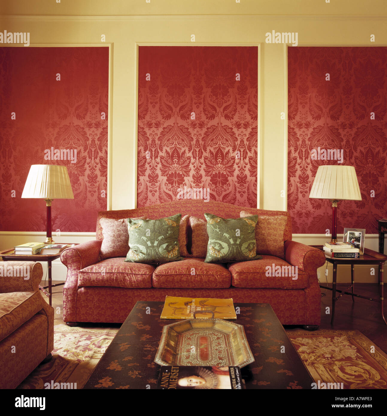 Grand Livingroom with Red Wallpaper Stock Photo - Alamy