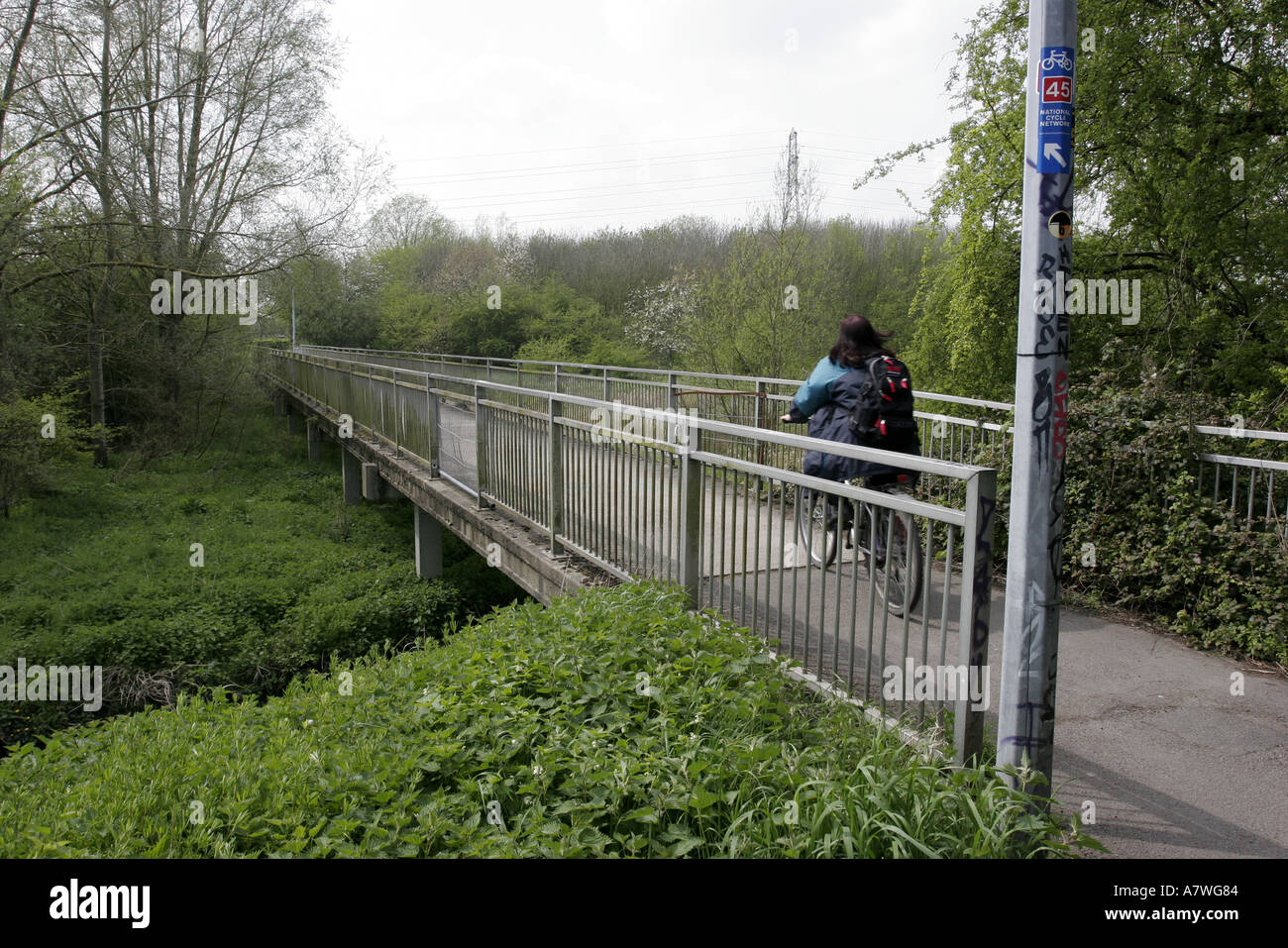 Cyclist on cycle path over bridge with national cycle path network sign ...