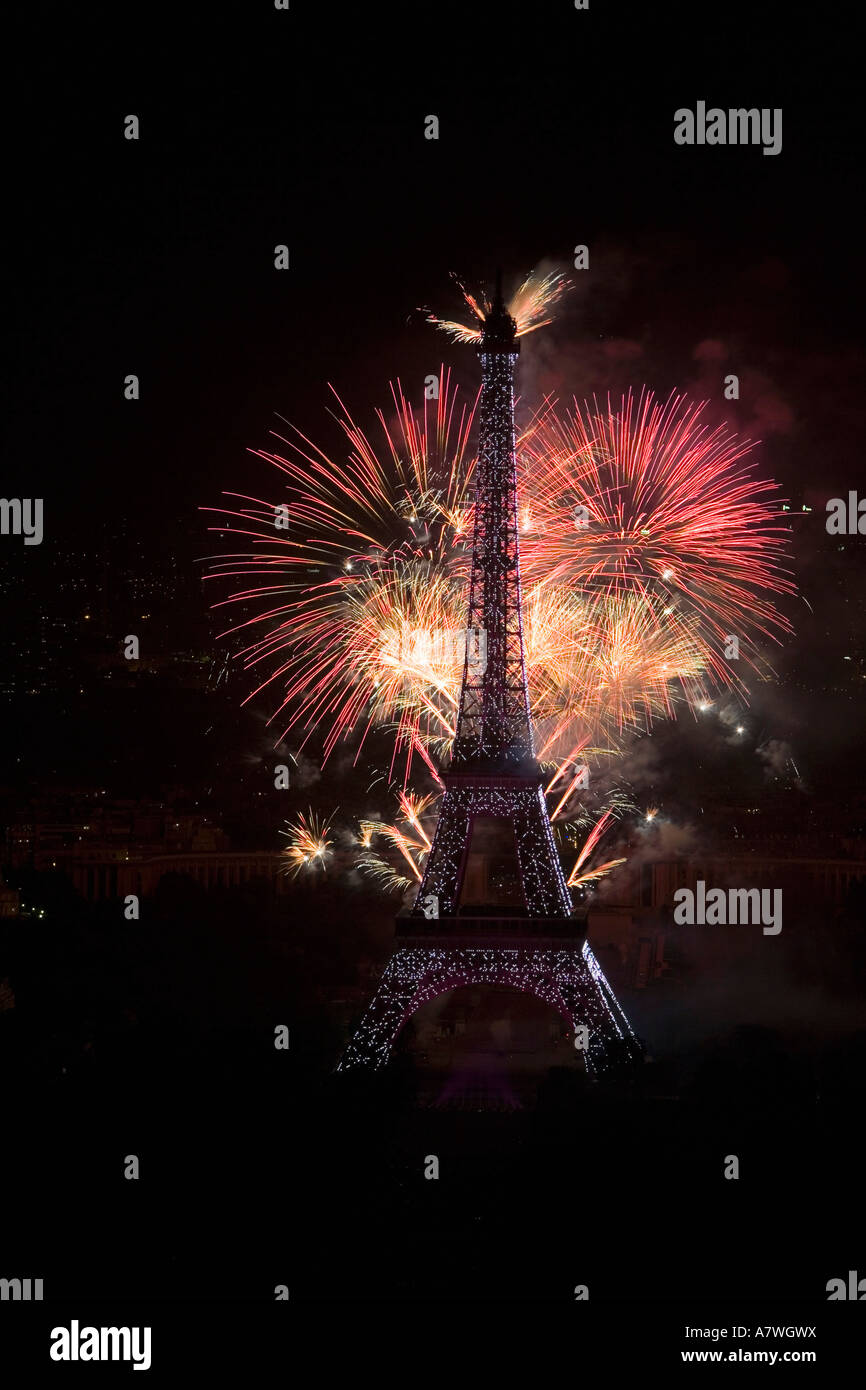 14th July Bastille Day fireworks at the Eiffel Tower Paris France Stock ...