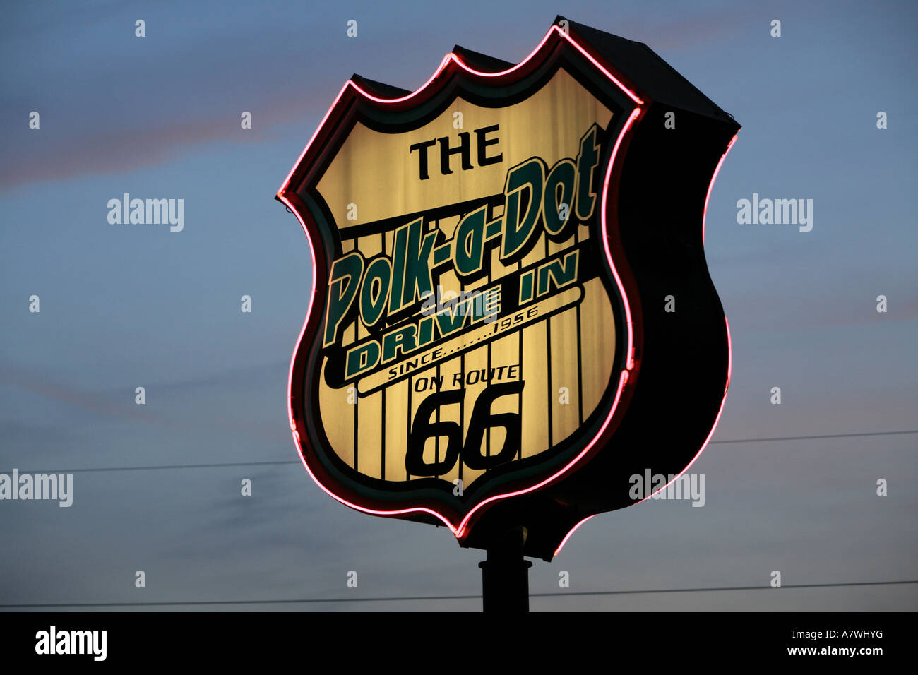 Polk-a-Dot Drive-In Sign and neon illumination at dusk on historic ...