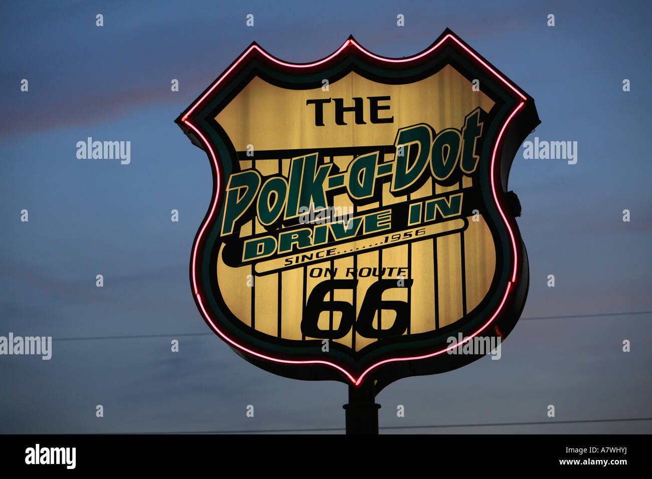 Polk-a-Dot Drive-In Sign and neon illumination at dusk on historic ...