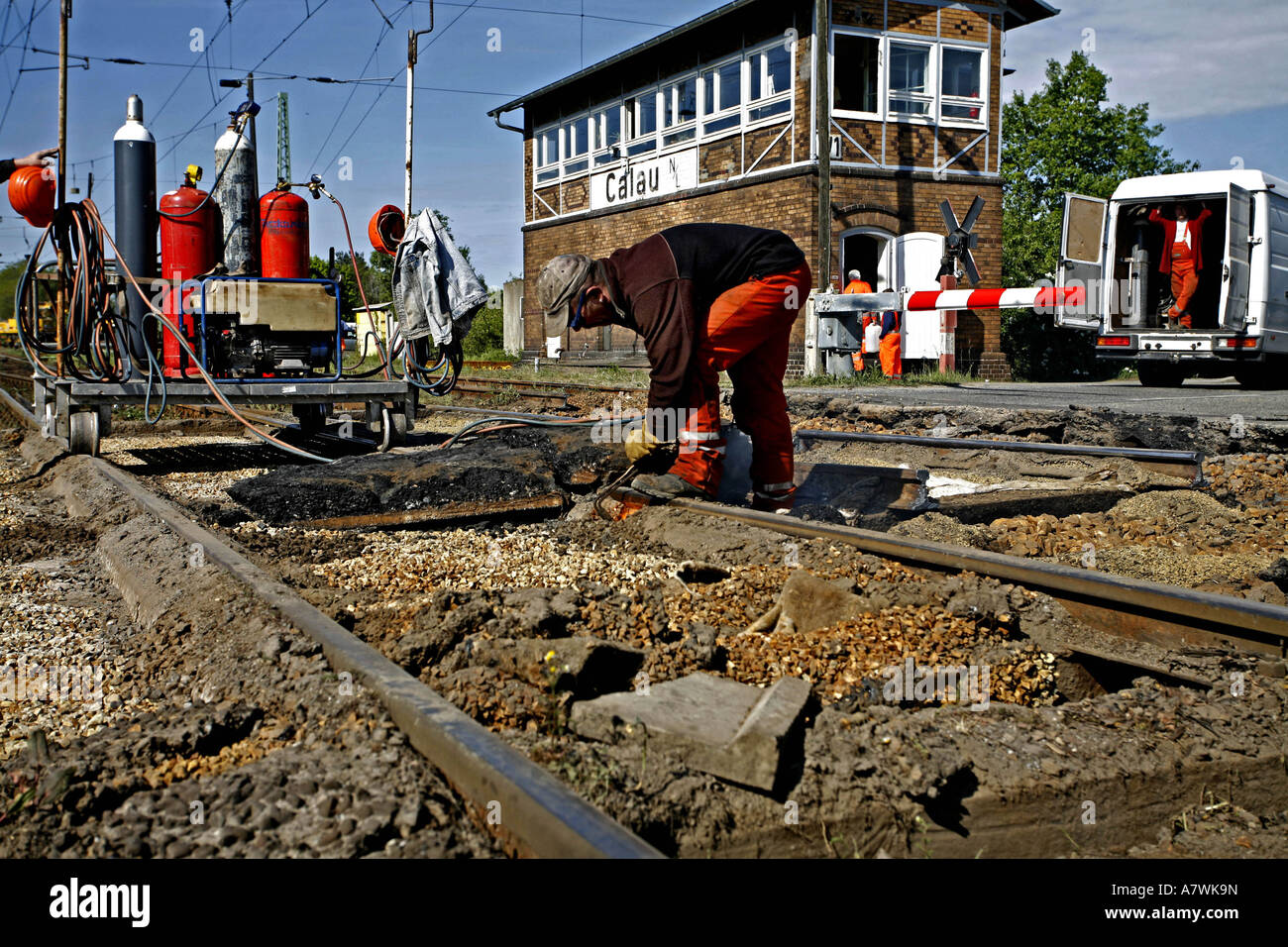 Track construction at a railway level crossing near Calau in ...