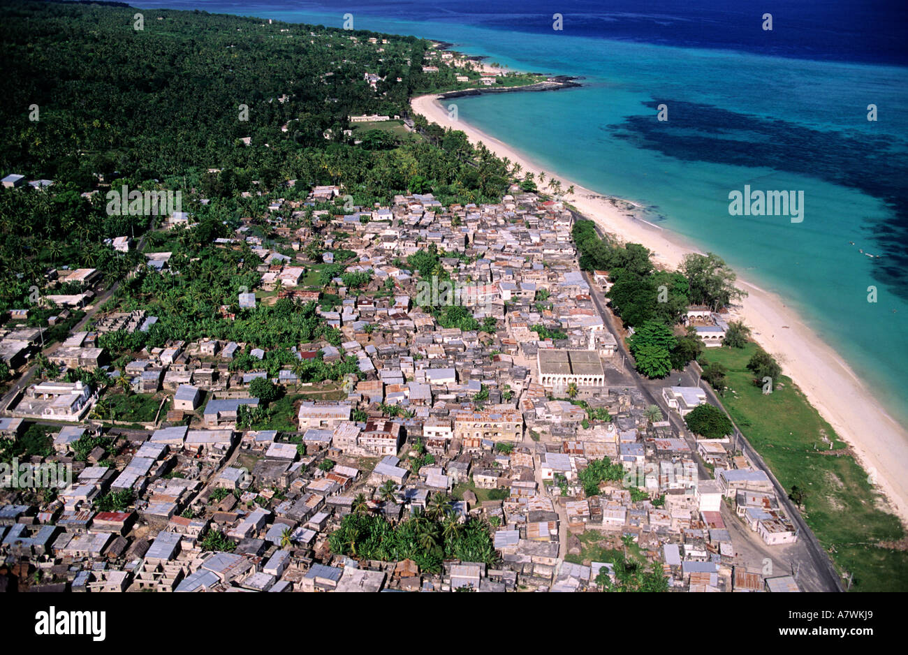 Comoros Republic, Grande Comore island, Mitsamiouli village (aerial ...