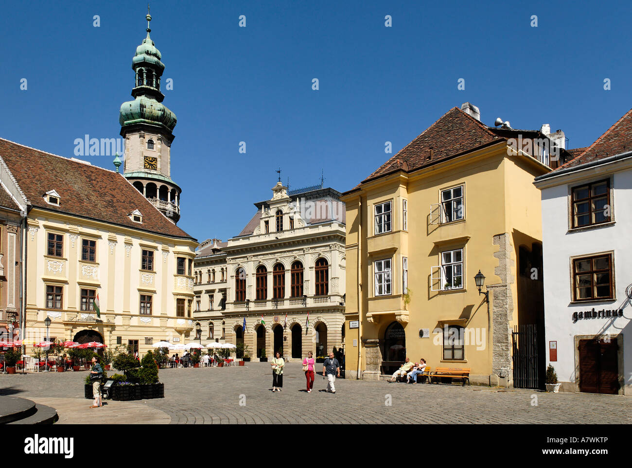 City square Foe ter with fire tower, historic old town of Sopron ...
