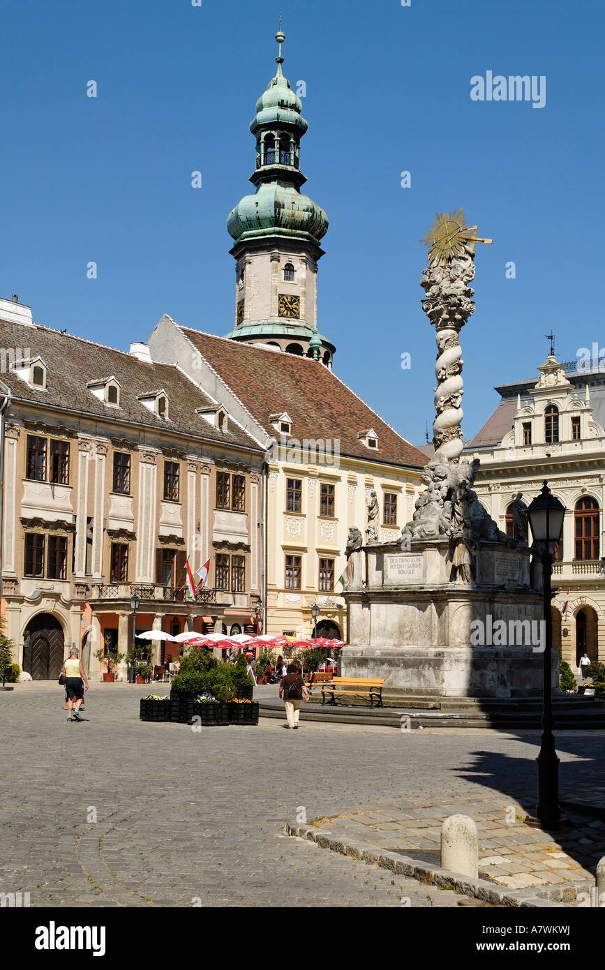 City square Foe ter with fire tower, historic old town of Sopron ...
