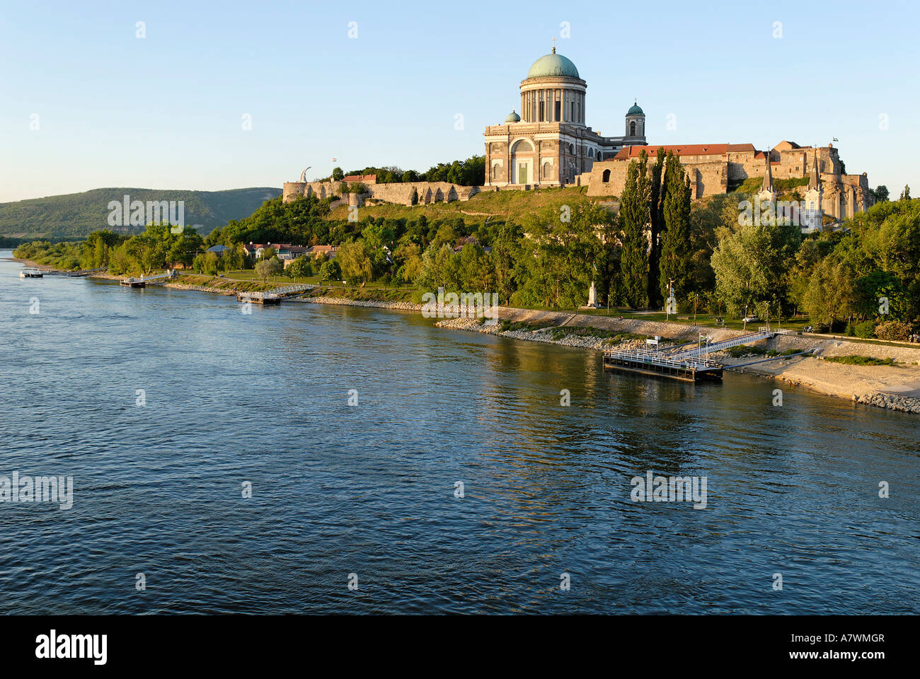 Dome and castle of Esztergom at the Danube river, Hungaria Stock Photo ...