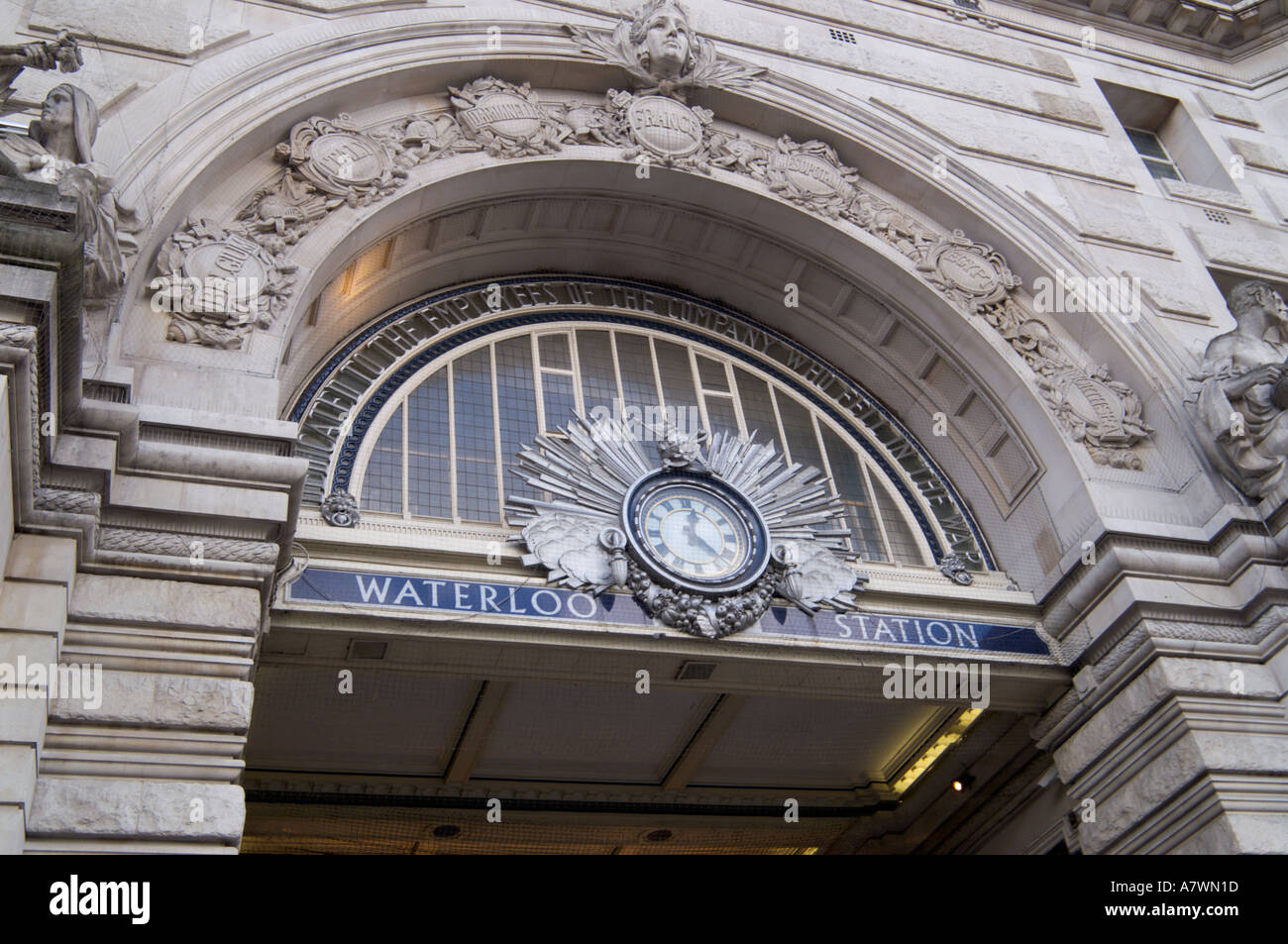 Waterloo Railway Station entrance arch and war memorial London England ...