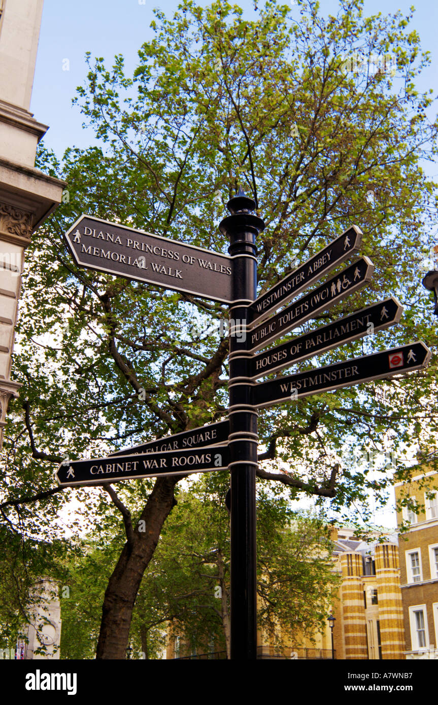 Tourist attraction sign post in Whitehall showing the way to the Diana ...