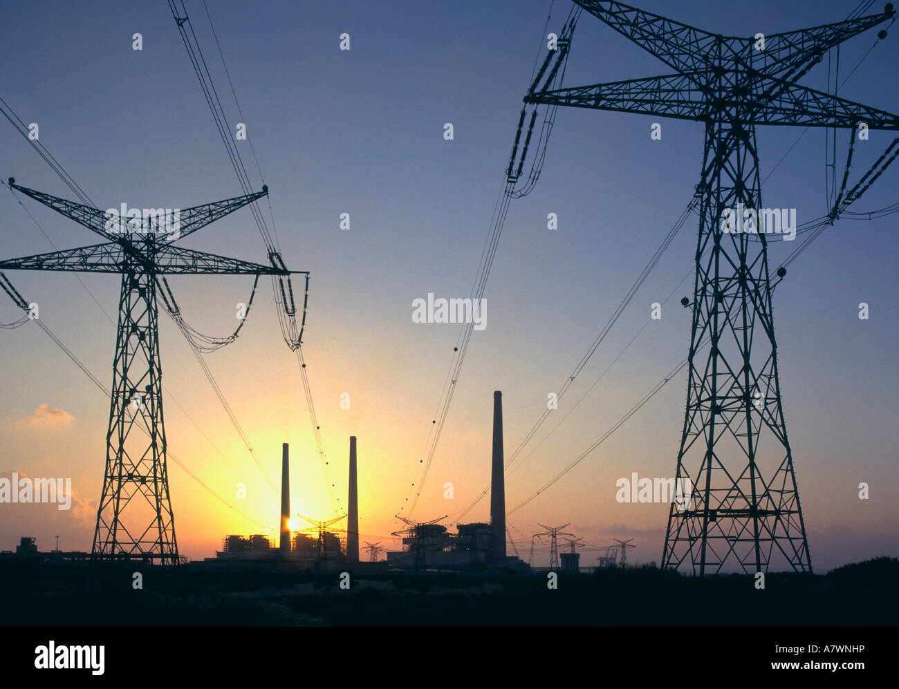 Israel Sea Coast area Hadera coal power plant view at sunset with high ...