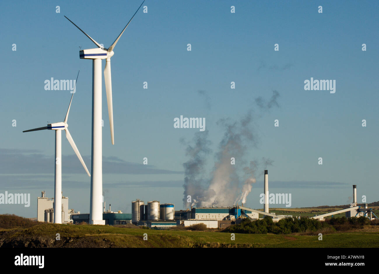 Wind turbines producing electricity for part of Cumbria at Workington ...