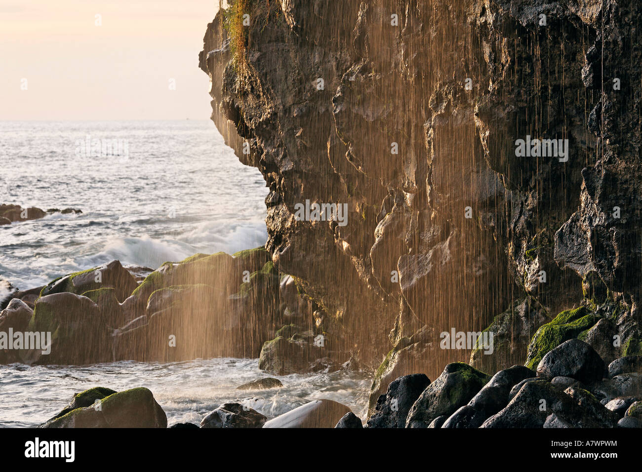 Cliffs and a rocky coast with a small waterfall, Ponta do Sol, Madeira ...