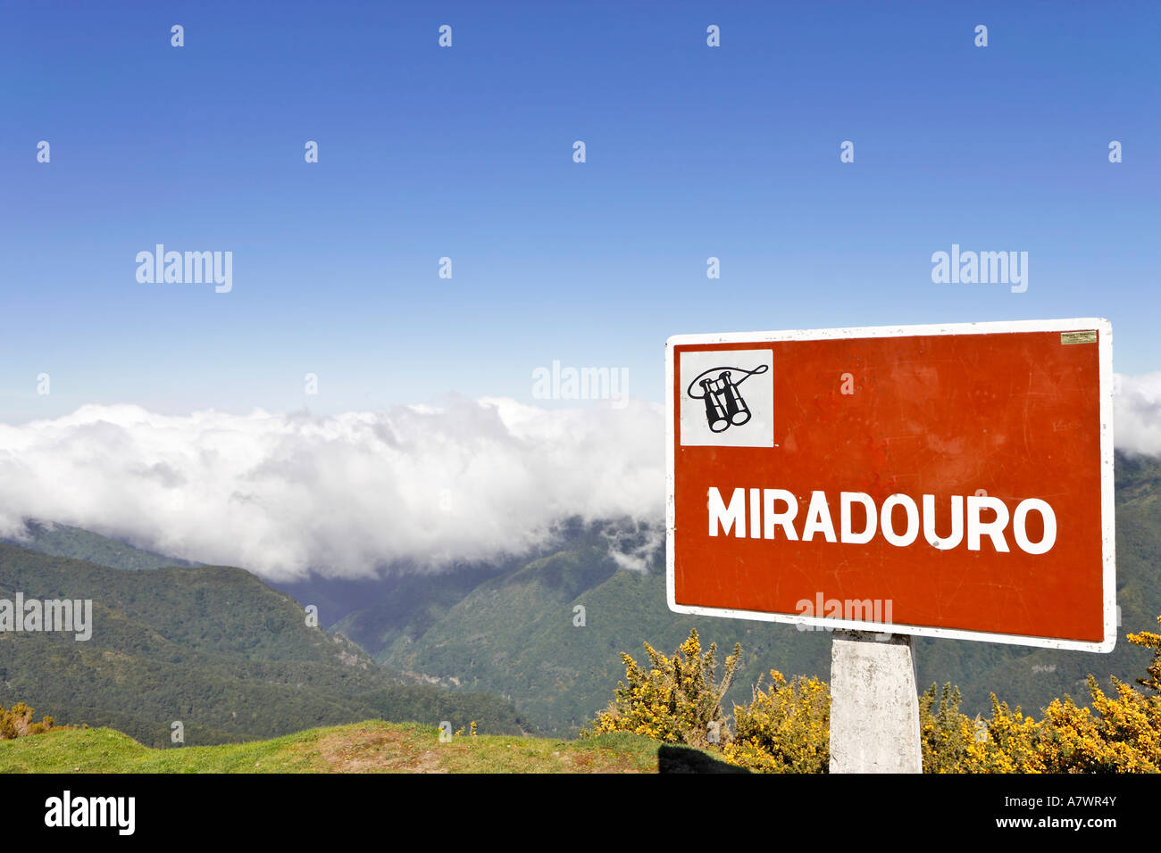 A sign which points to a nice view to the mountains, Madeira, Portugal ...