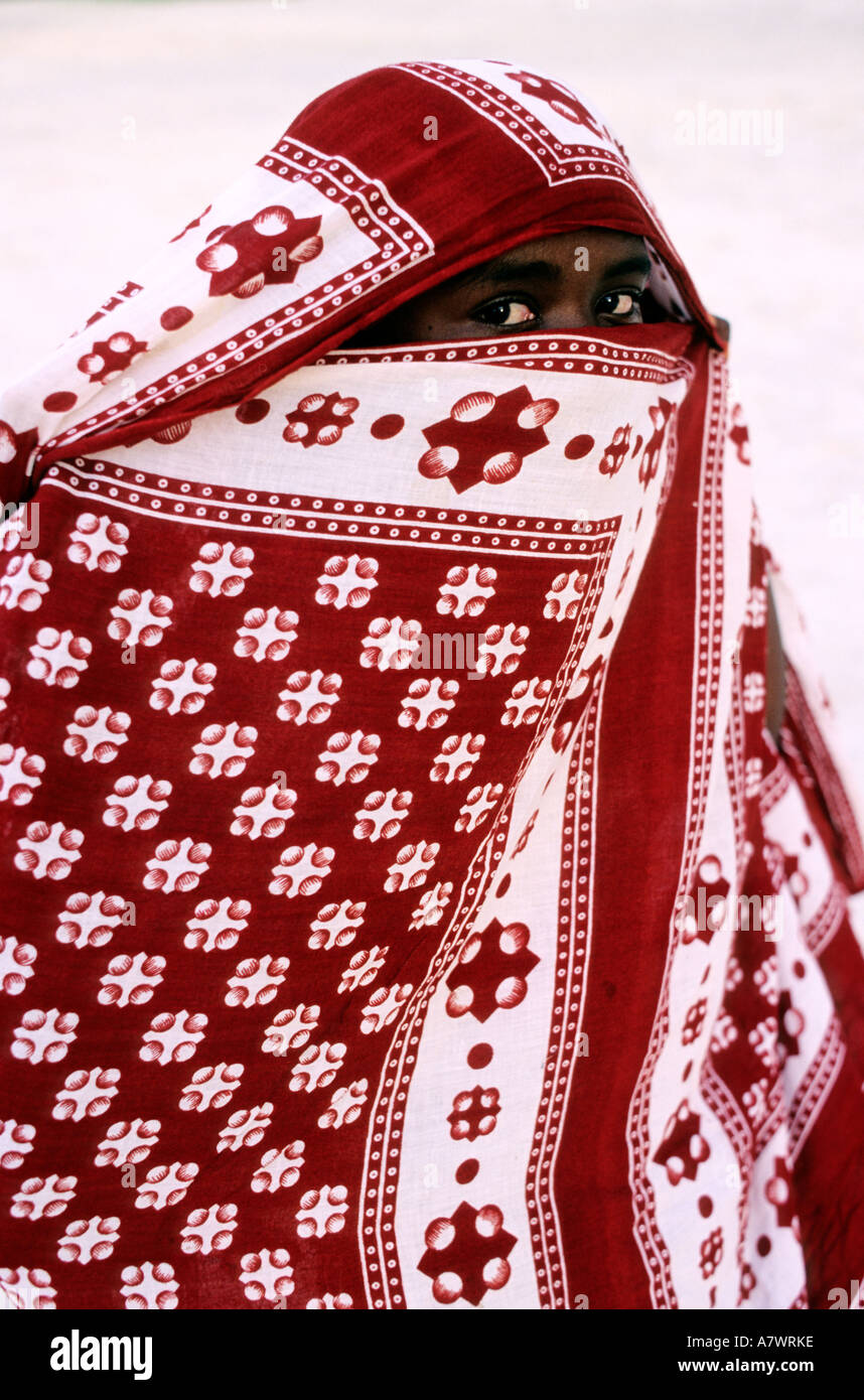 Comoros Republic, Grande Comore island, woman veiled with a chiromani ...