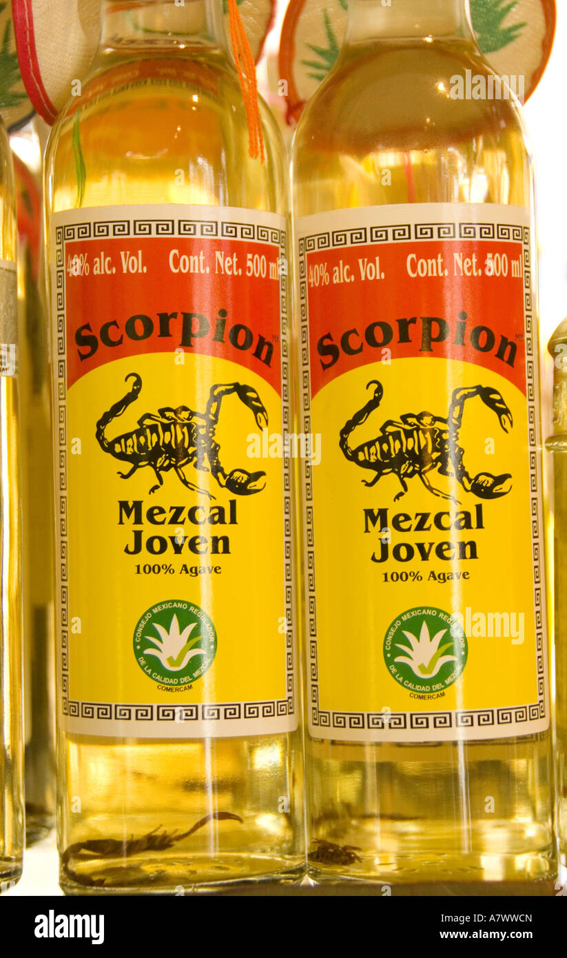Mezcal bottles Mexico with scorpion image Stock Photo - Alamy