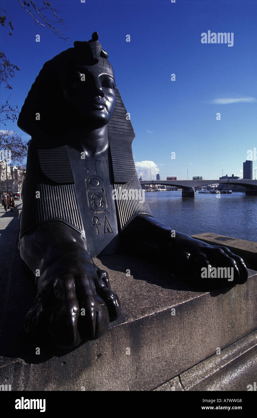 United Kingdom, London, statue of the sphinx near the Thames river ...