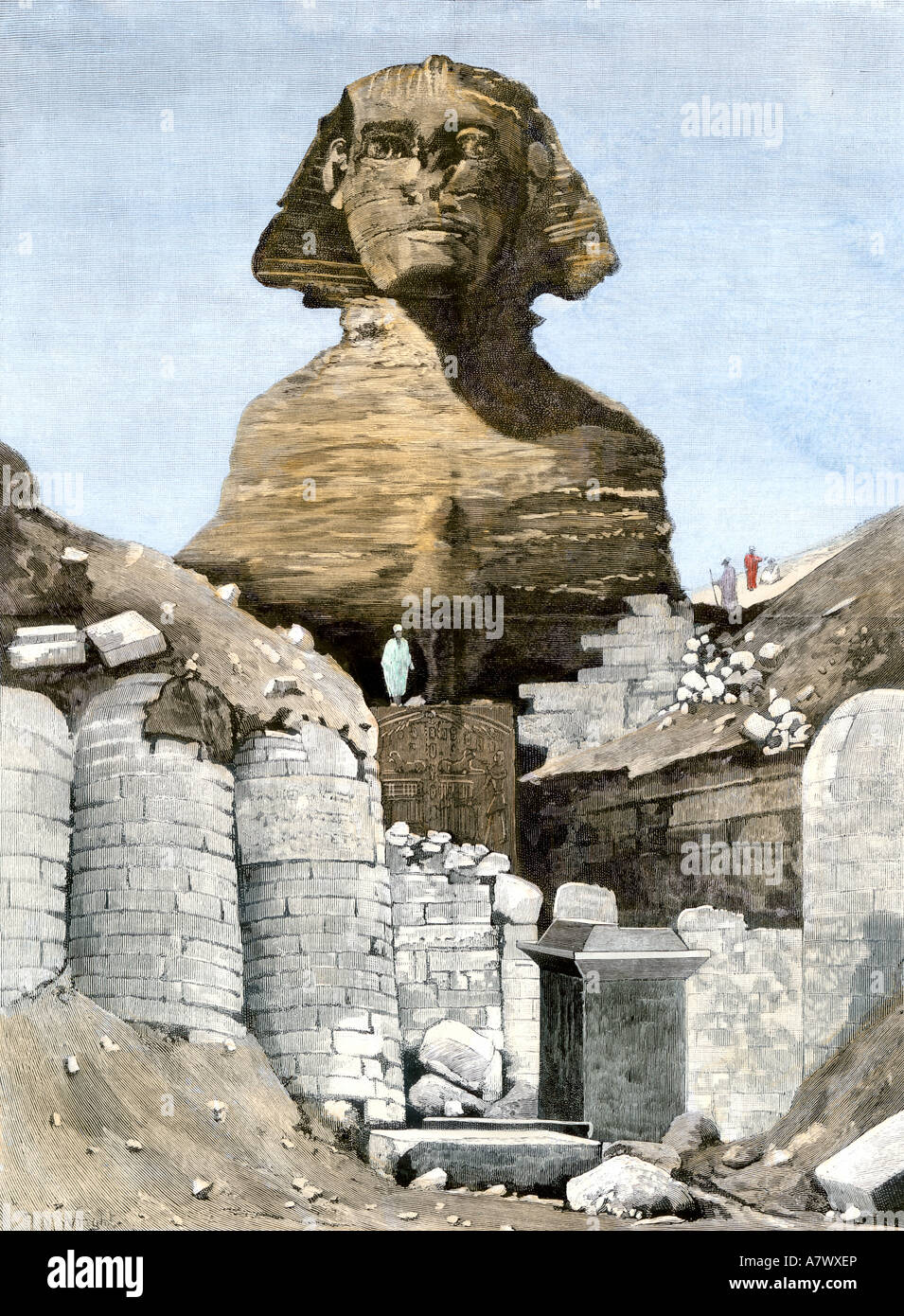 Excavation of the Sphinx in progress at Ghizeh 1880s. Hand-colored ...