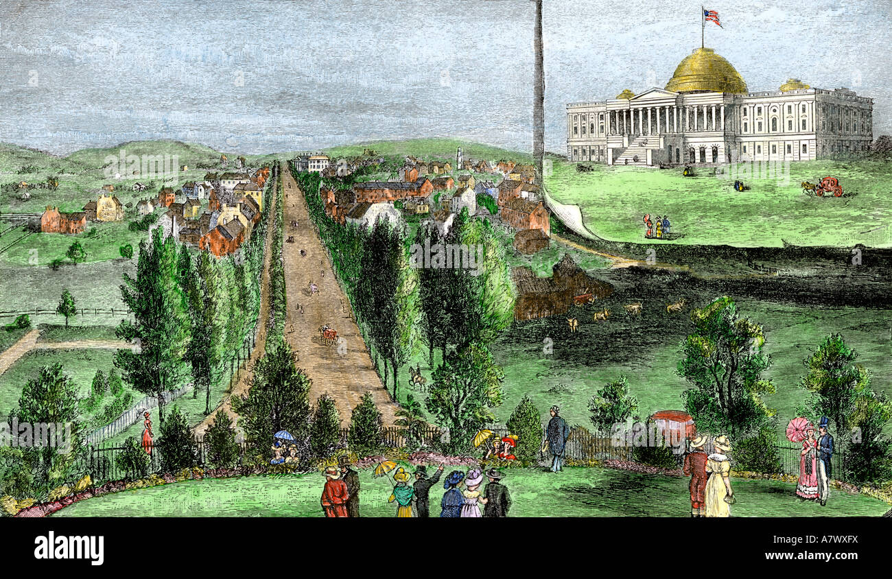 Washington DC in 1810 and an inset view of the old Capitol which was ...