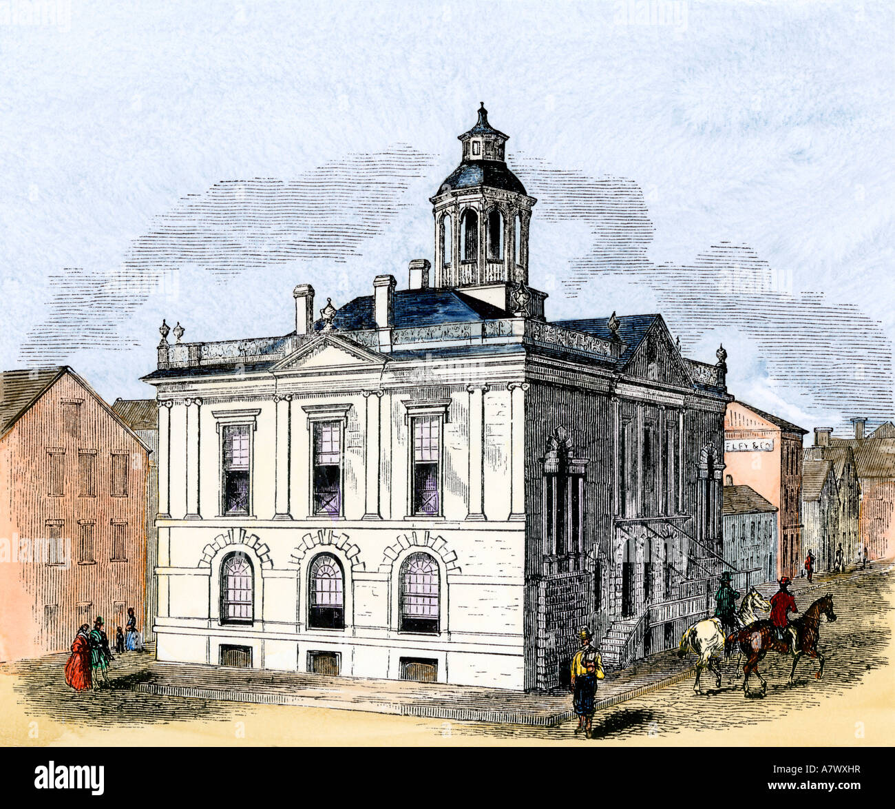 Customs House in Charleston South Carolina 1850s. Hand-colored woodcut ...