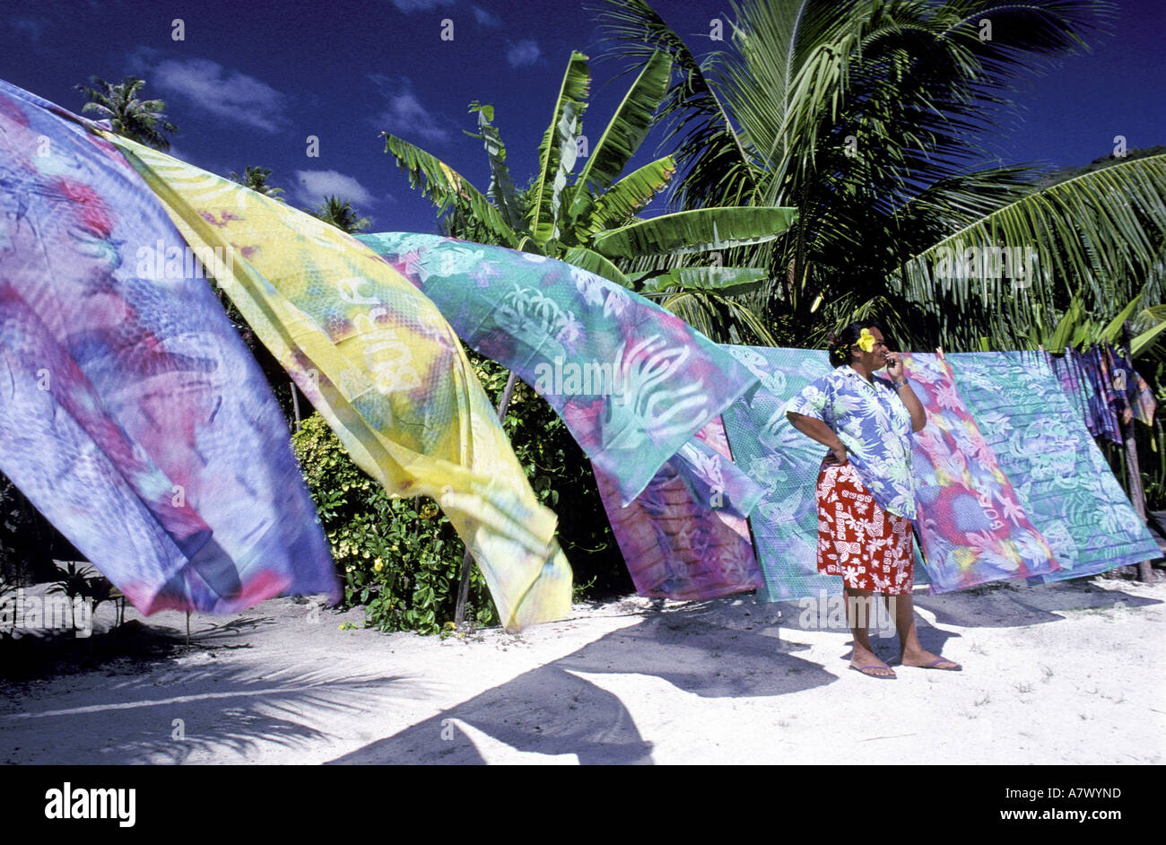 France, French Polynesia, Bora-Bora island, pareus in the wind Stock ...