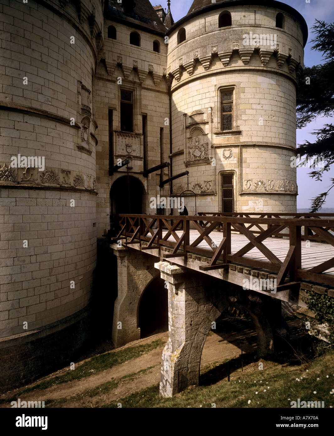 The drawbridge moat and entrance towers of Chateau de Chaumont Loir et ...
