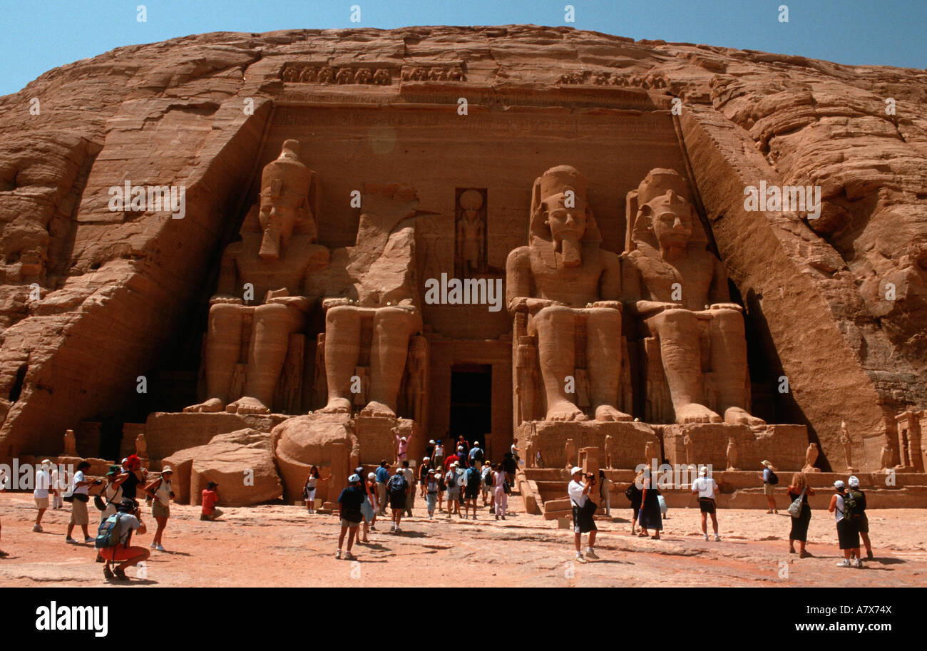 Egypt, Abu Simbel, Facade of temple, Colossal figures of Ramses II ...