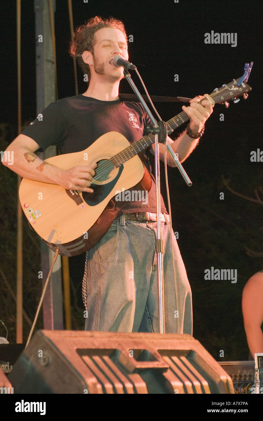 Holding standing fame singer performance microphone guitar hi-res stock ...