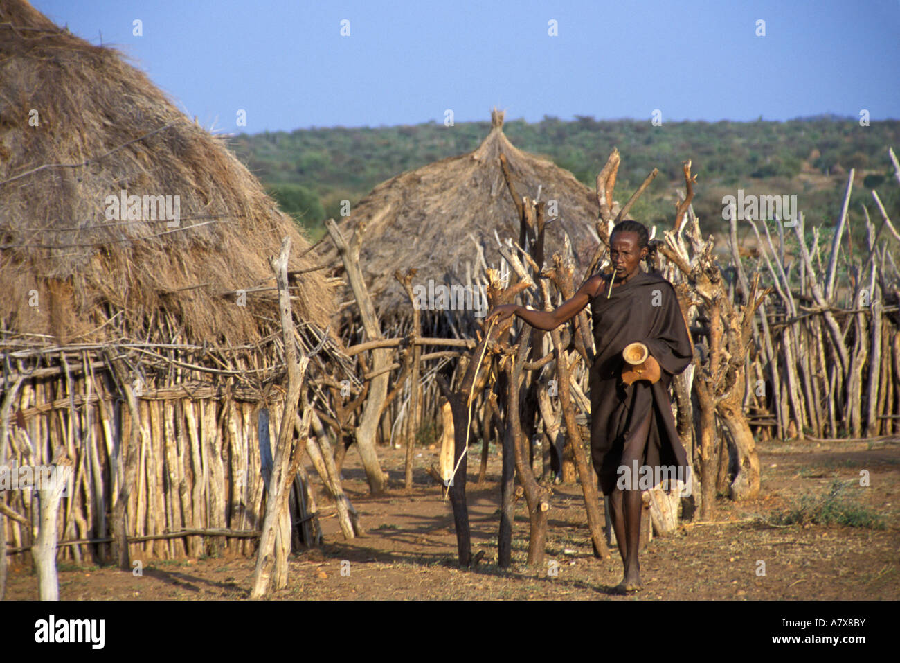 A Hamar man walks along a stick fence surrounding the thatched-roof ...