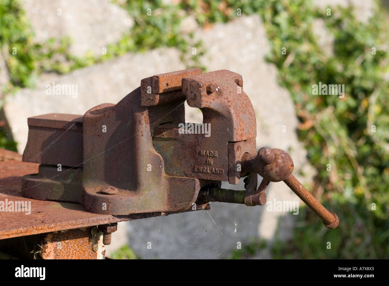 Rusty old vice on old workbench Stock Photo - Alamy