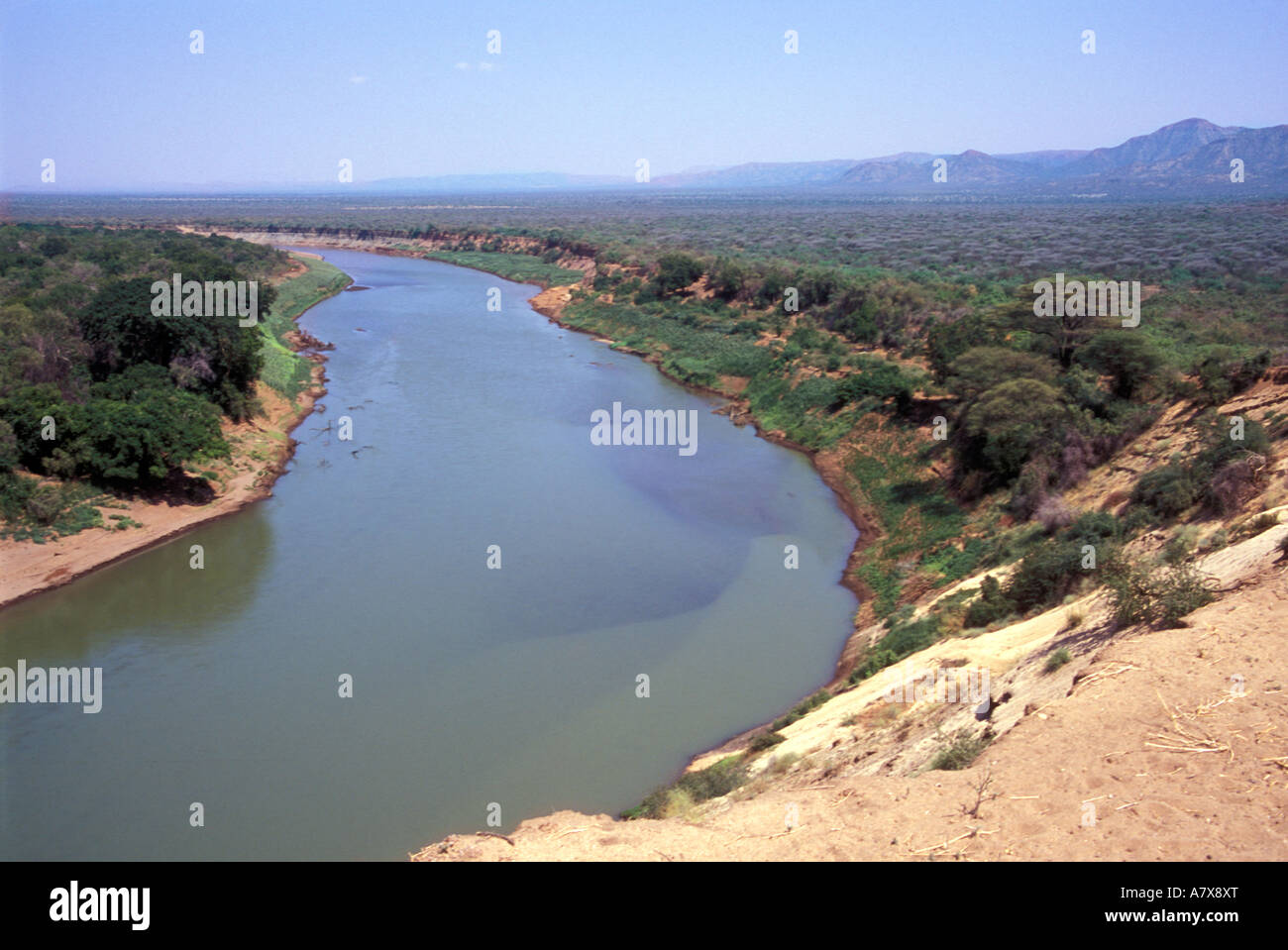 A view of the Omo River from the sandy cliffs near a Karo village in ...