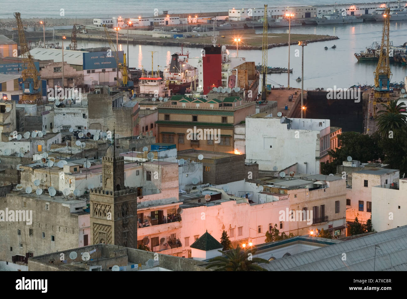 MOROCCO, Casablanca: Ancienne (old) Medina, Aerial View & Port / Dusk ...