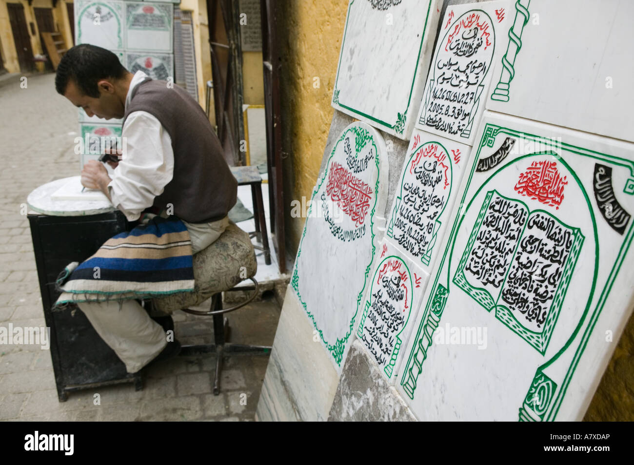 MOROCCO, Fes: Fes El, Bali (Old Fes), Stone Gravestone Cutter at Work ...