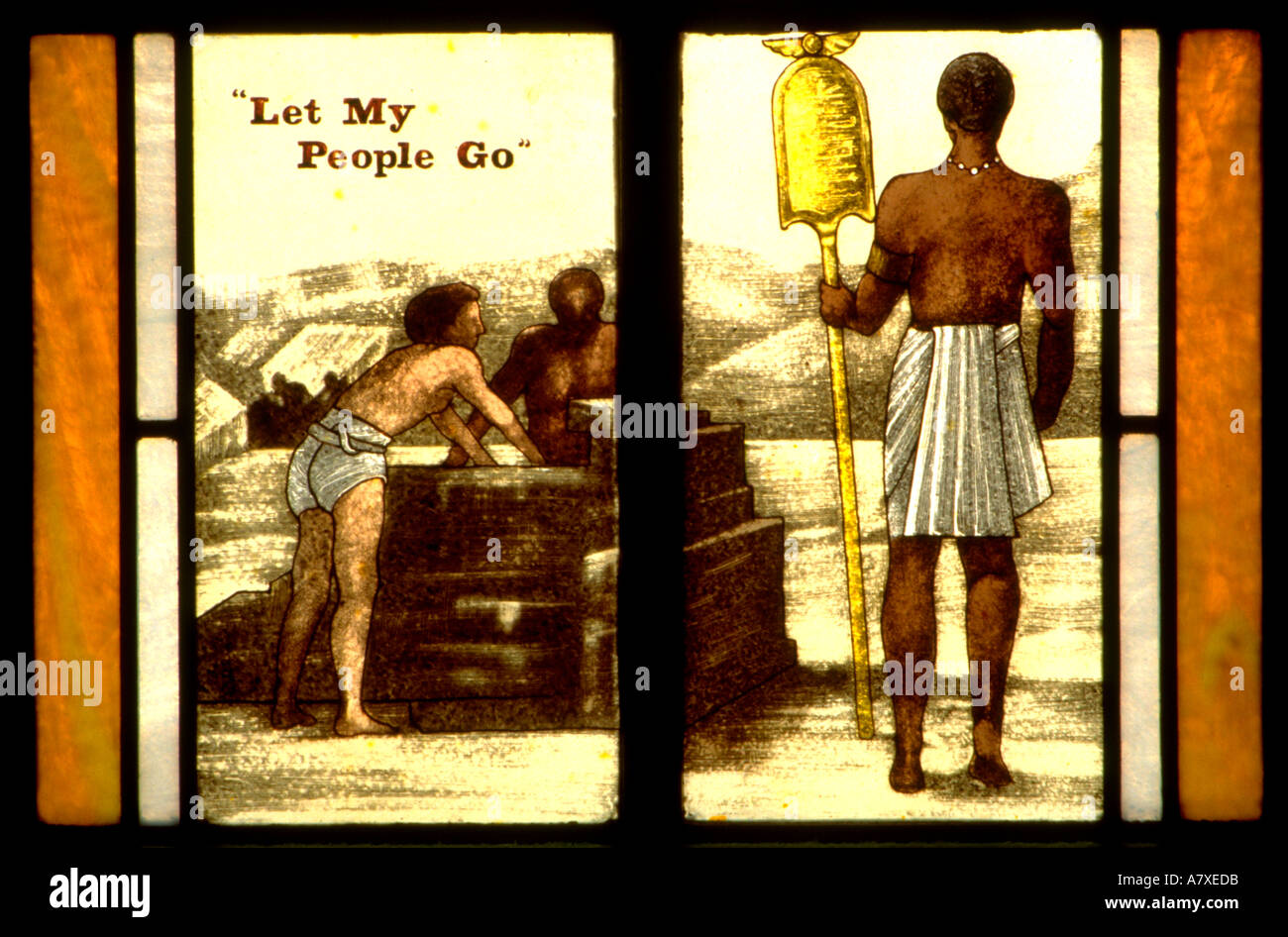Moses and Egyptian slaves on stained glass window. Ft Snelling State ...